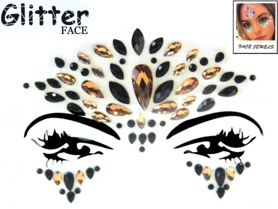 Black Gold Crystal Stick on Face Jewels - AZ30811BKG