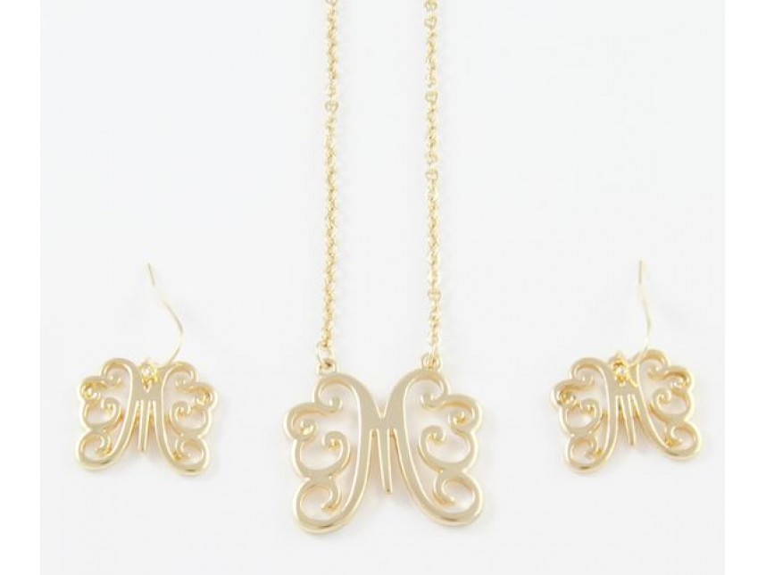Gold Plate Cursive Initial Chain Necklace Set