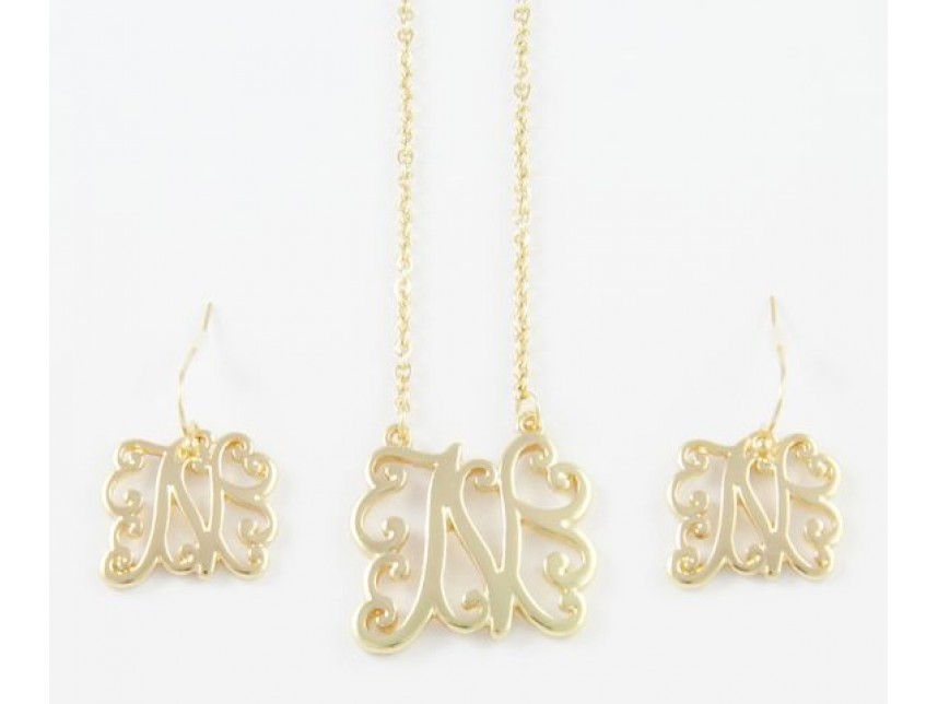 Gold Plate Cursive Initial Chain Necklace Set
