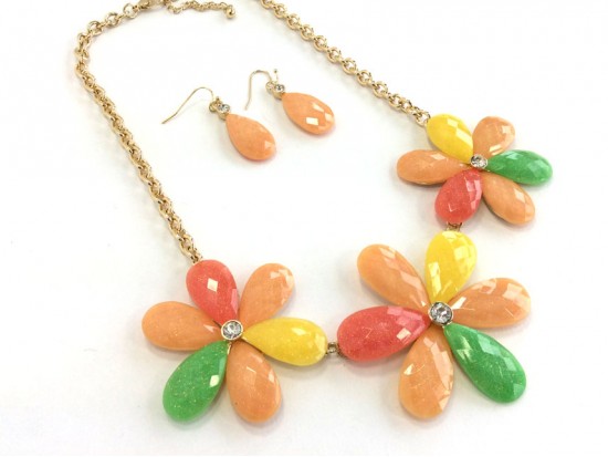 Multi Green Flower Gold Sparkle Chian Necklace Set